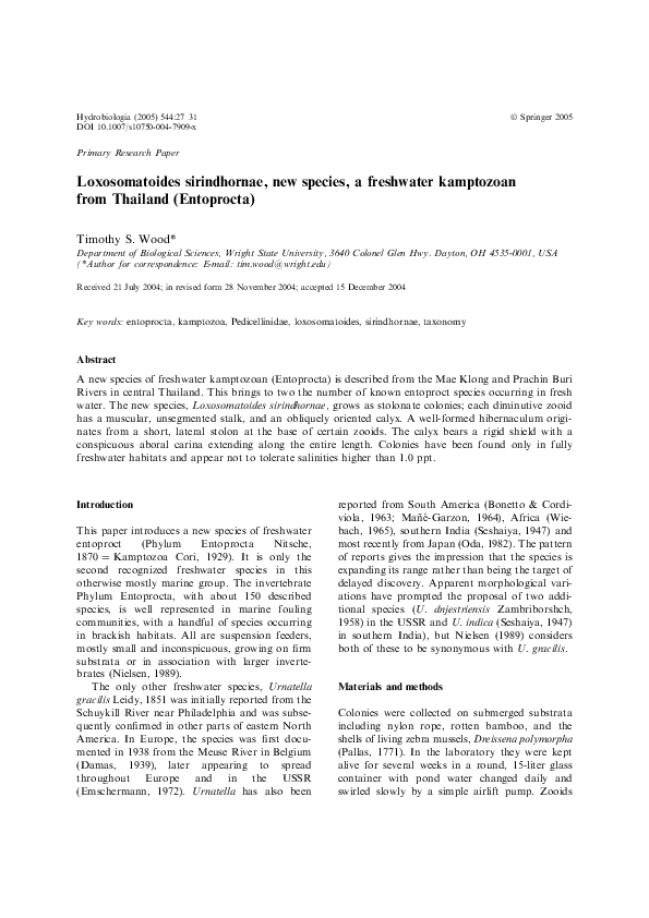 (PDF) Loxosomatoides sirindhornae, new species, a freshwater kamptozoan ...