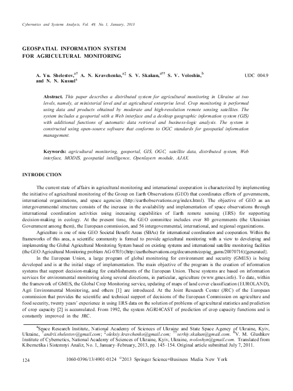 Pdf Geospatial Information System For Agricultural Monitoring