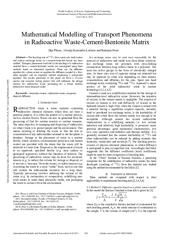 (PDF) Mathematical Modelling of Transport Phenomena in Radioactive Waste-Cement-Bentonite Matrix
