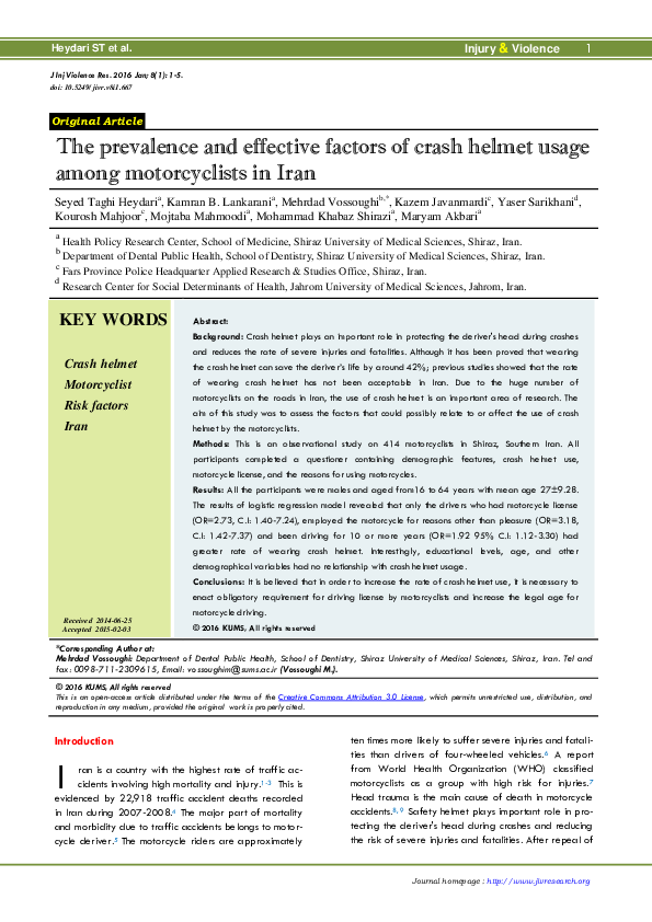 (PDF) The prevalence and effective factors of crash helmet usage among motorcyclists in Iran