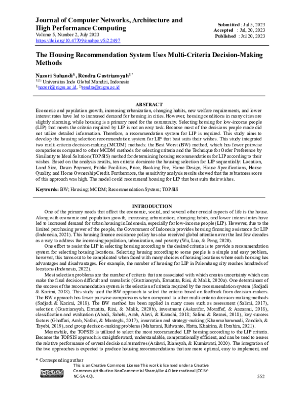 (PDF) The Housing Recommendation System Uses Multi-Criteria Decision-Making Methods