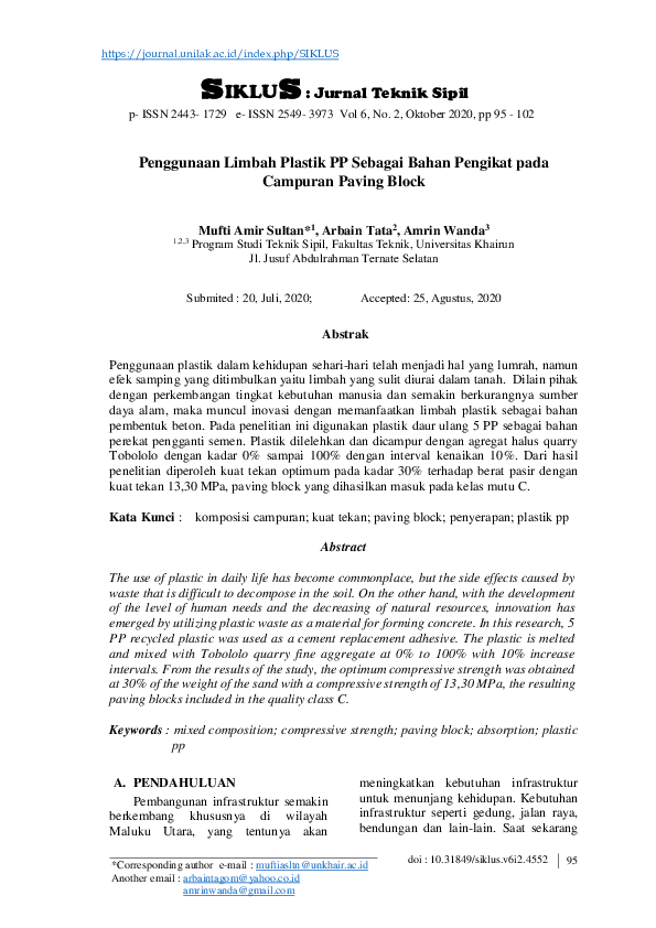 (PDF) Penggunaan Limbah Plastik PP Sebagai Bahan Pengikat Pada Campuran Paving Block