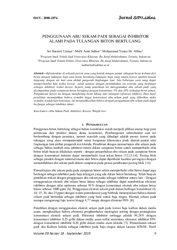 (PDF) Penggunaan Abu Sekam Padi Sebagai Inhibitor Alami Pada Tulangan Beton Bertulang