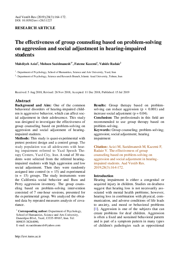 (PDF) The effectiveness of group counseling based on problem-solving on aggression and social ...