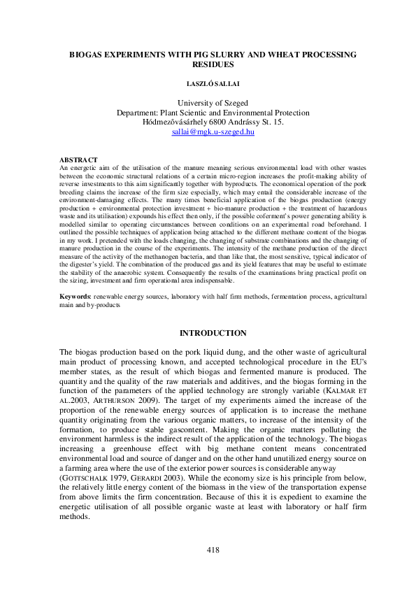 (PDF) Biogas experiments with pig slurry and wheat processing residues