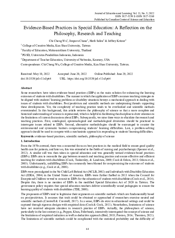 (PDF) Evidence-Based Practices in Special Education: A Reflection on the Philosophy, Research ...
