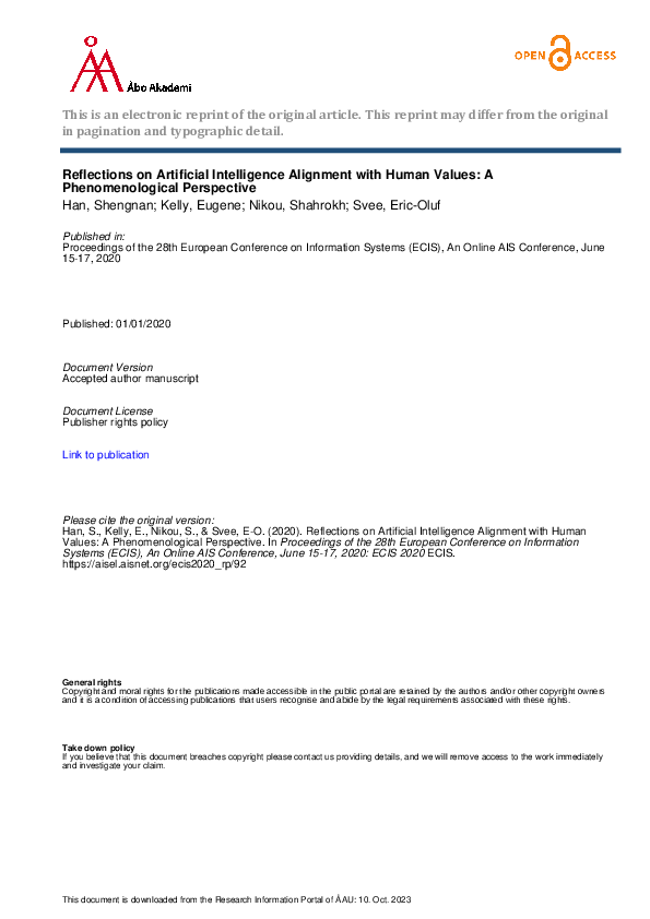 (PDF) Reflections on Artificial Intelligence Alignment with Human Values: a phenomenological ...