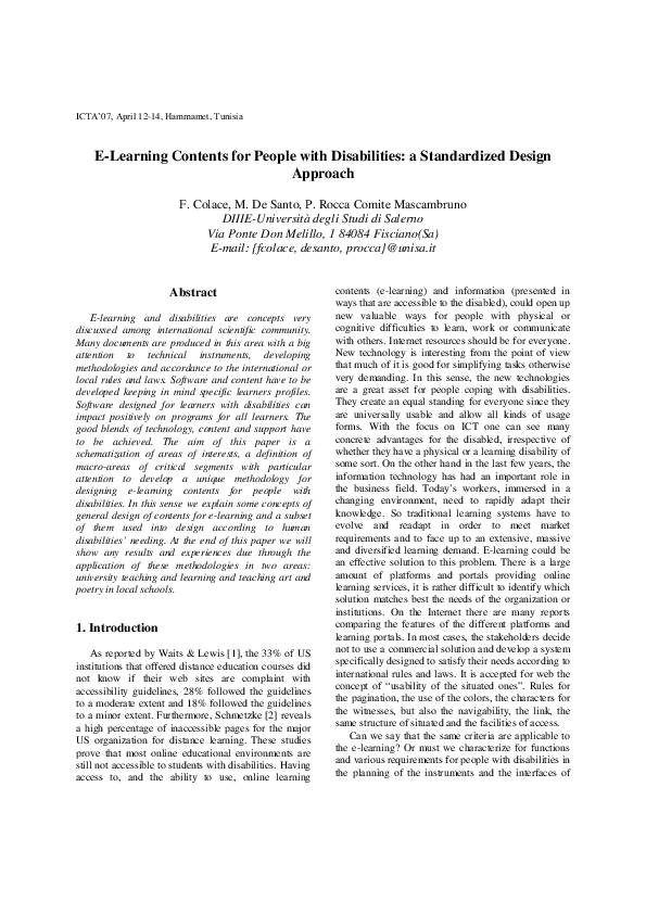 (PDF) E-Learning Contents for People with Disabilities: a Standardized Design Approach