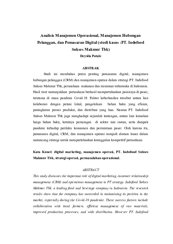 (DOC) Analisis Manajemen Operasional, Manajemen Hubungan Pelanggan, dan Pemasaran Digital (studi ...