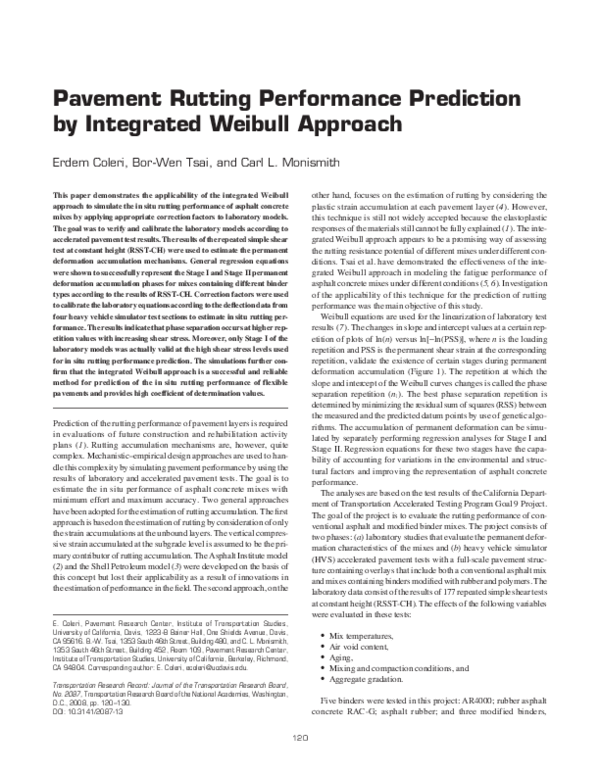 (PDF) Pavement Rutting Performance Prediction by Integrated Weibull Approach