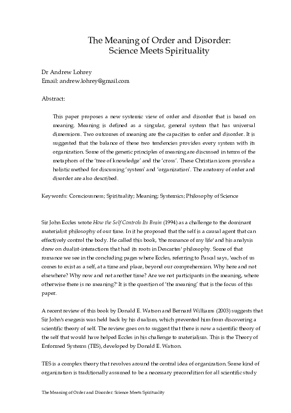 (DOC) The Meaning of Order and Disorder: Science Meets Spirituality