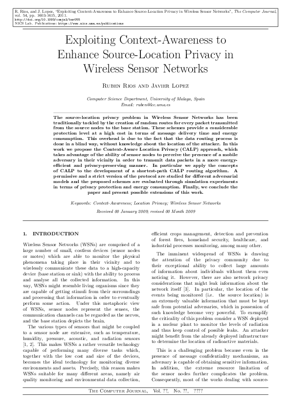 (PDF) Exploiting Context-Awareness to Enhance Source-Location Privacy in Wireless Sensor Networks