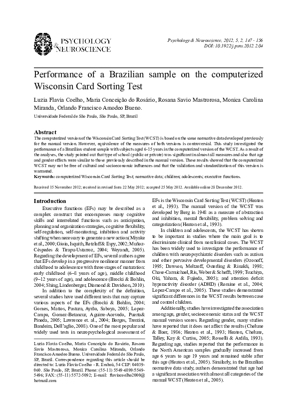 (PDF) Performance of a Brazilian sample on the computerized Wisconsin ...