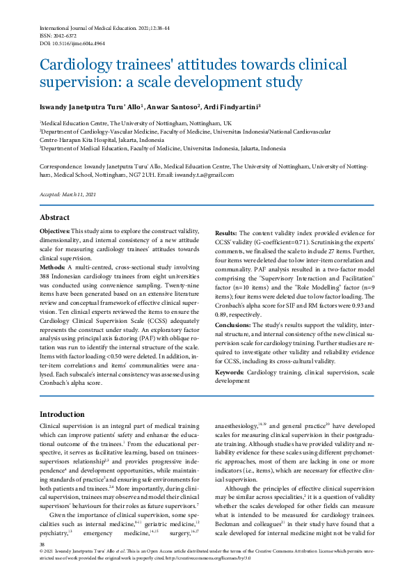 (PDF) Cardiology trainees' attitudes towards clinical supervision: a scale development study ...