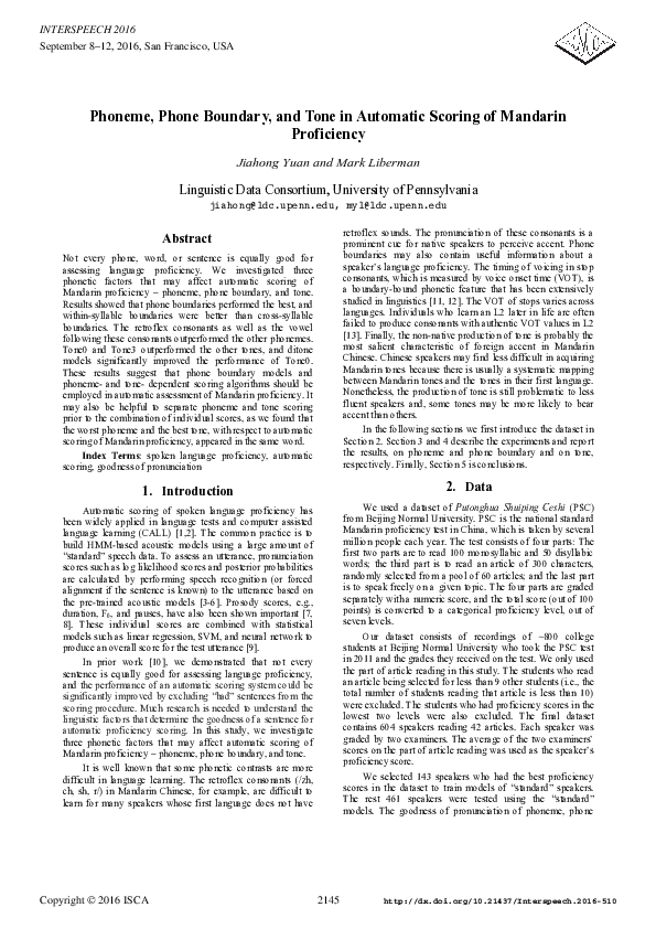 (PDF) Phoneme, Phone Boundary, and Tone in Automatic Scoring of Mandarin Proficiency