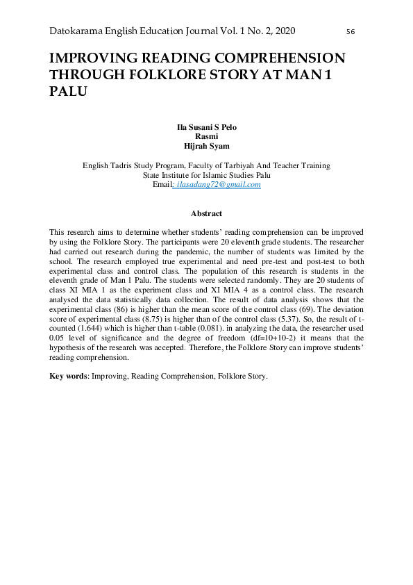 (PDF) Improving Reading Comprehension Through Folklore Story at Man 1 Palu