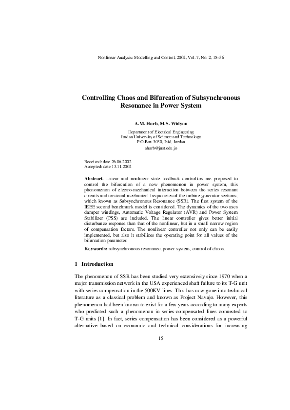 (PDF) Controlling Chaos and Bifurcation of Subsynchronous Resonance in Power System