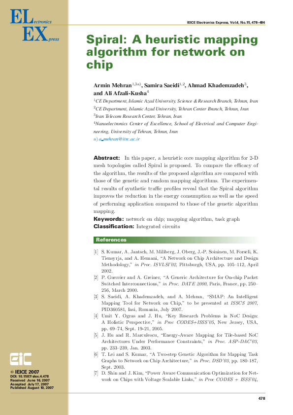 (PDF) Spiral: A heuristic mapping algorithm for network on chip | Armin Mehran - Academia.edu