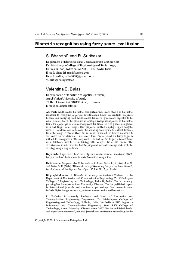 (PDF) Biometric recognition using fuzzy score level fusion