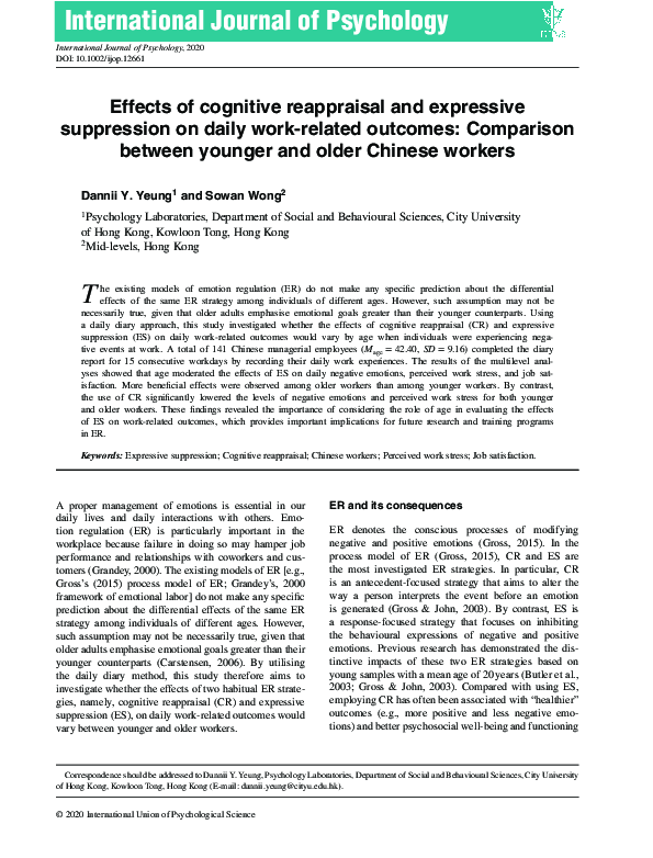 (PDF) Effects of cognitive reappraisal and expressive suppression on ...
