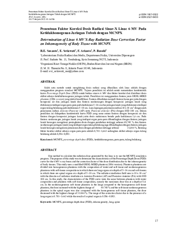 (PDF) Penentuan Faktor Koreksi Dosis Radiasi Sinar-X Linac 6 MV Pada Ketidakhomogenan Jaringan ...