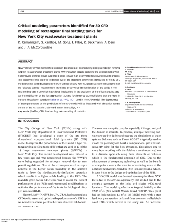 (PDF) Critical modeling parameters identified for 3D CFD modeling of rectangular final settling ...