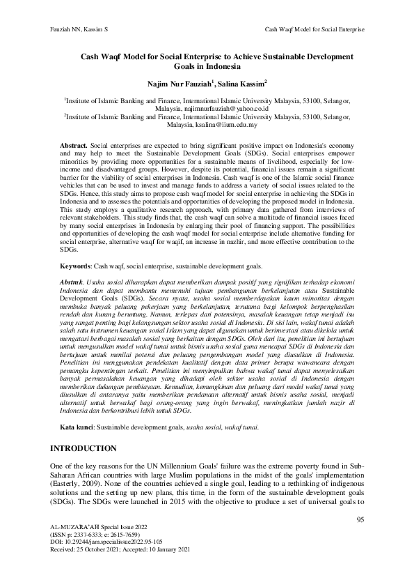 (PDF) Cash Waqf Model for Social Enterprise to Achieve Sustainable Development Goals in Indonesia