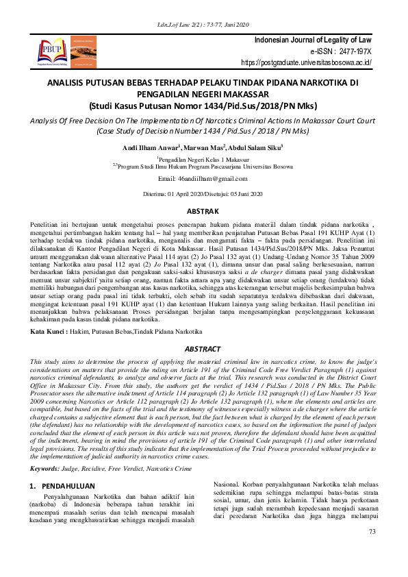 (PDF) Analisis Putusan Bebas Terhadap Pelaku Tindak Pidana Narkotika DI Pengadilan Negeri Makassar
