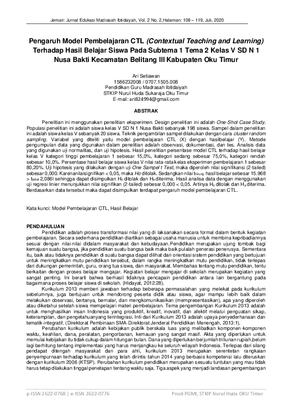 (PDF) Pengaruh Model Pembelajaran CTL (Contextual Teaching and Learning) Terhadap Hasil Belajar ...