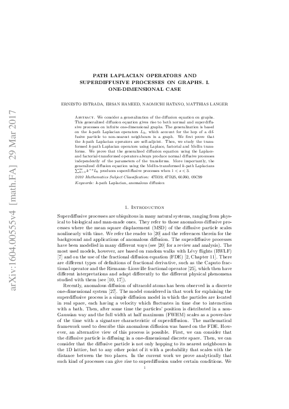 (PDF) Path Laplacian operators and superdiffusive processes on graphs. I. One-dimensional case