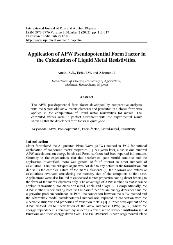 (PDF) Application of APW Pseudopotential form Factor in the Calculation of Liquid Metal ...