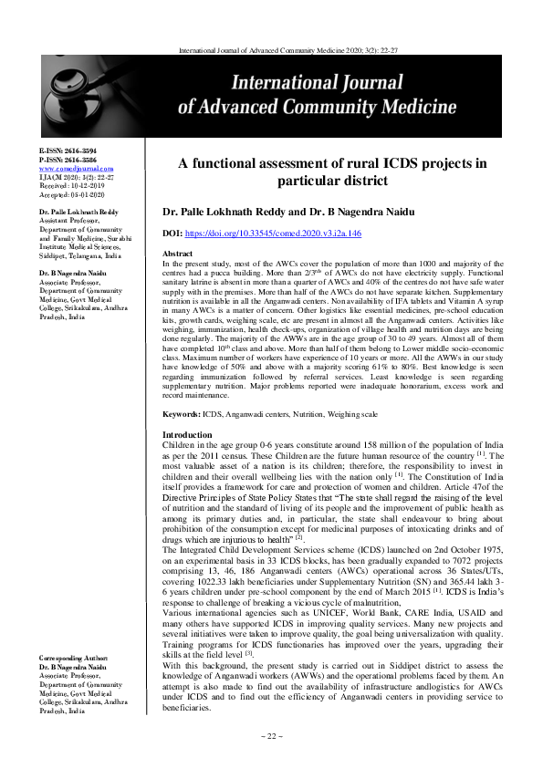 (PDF) Assessment of ICDS Project Functionality in Rural Districts