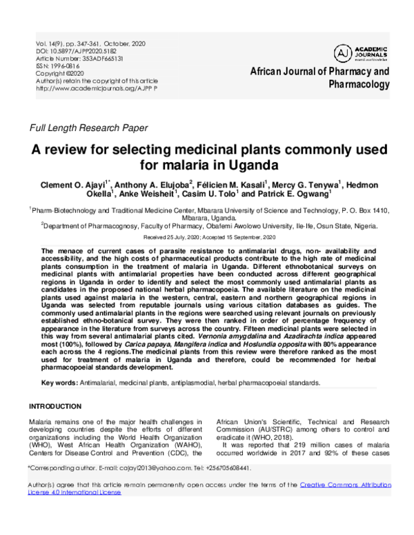(PDF) Medicinal Plants for Malaria Treatment in Uganda: A Review