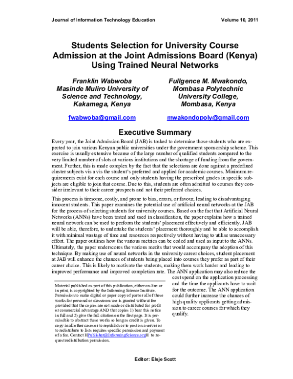 (PDF) Students Selection for University Course Admission at the Joint Admissions Board (Kenya ...
