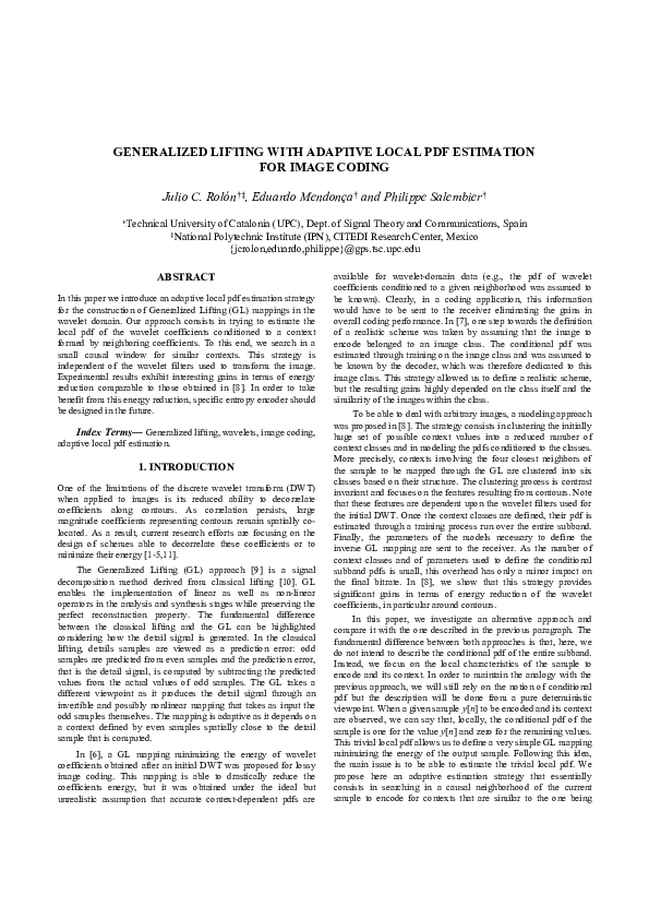 (PDF) Generalized Lifting with adaptive local pdf estimation for image coding