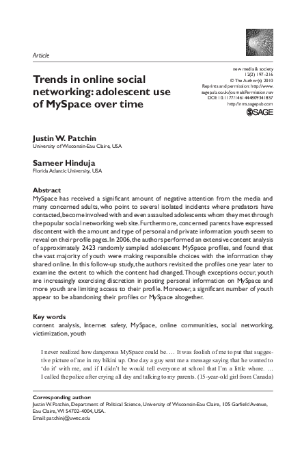 (PDF) Trends in online social networking: adolescent use of MySpace ...