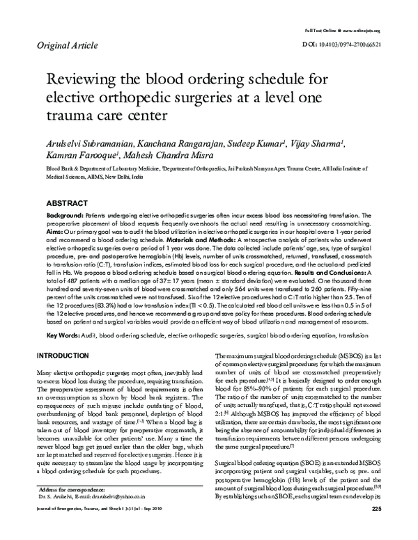 (PDF) Reviewing the blood ordering schedule for elective orthopedic ...