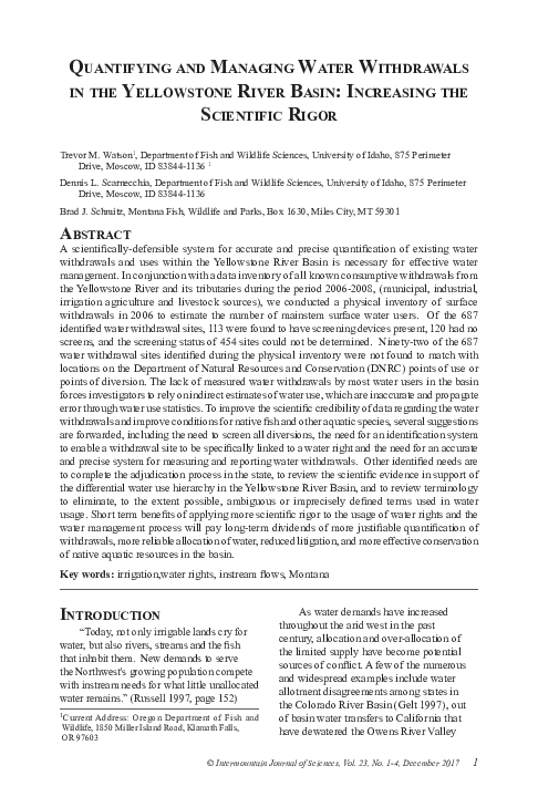 (PDF) Quantifying and Managing Water Withdrawals in the Yellowstone ...