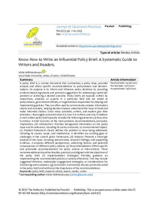 (PDF) Know How to Write an Influential Policy Brief: A Systematic Guide ...