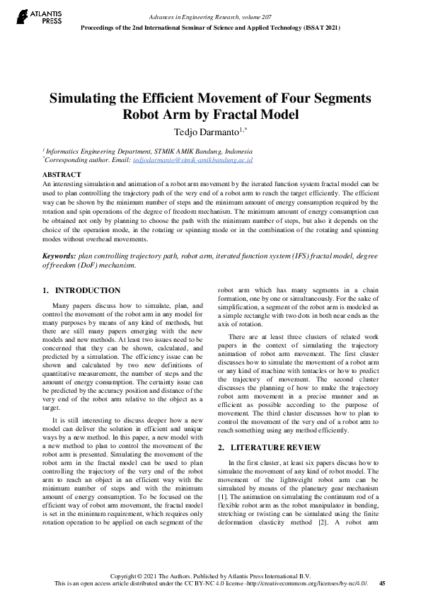 Pdf Simulating The Efficient Movement Of Four Segments Robot Arm By Fractal Model