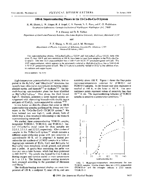 (PDF) 100-K superconducting phases in the Tl-Ca-Ba-Cu-O system | Peter ...