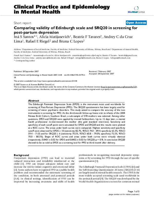 (PDF) Comparing validity of Edinburgh scale and SRQ20 in screening for ...