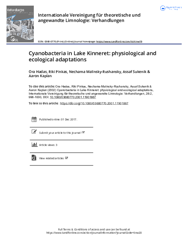 (PDF) Cyanobacteria in Lake Kinneret: physiological and ecological ...