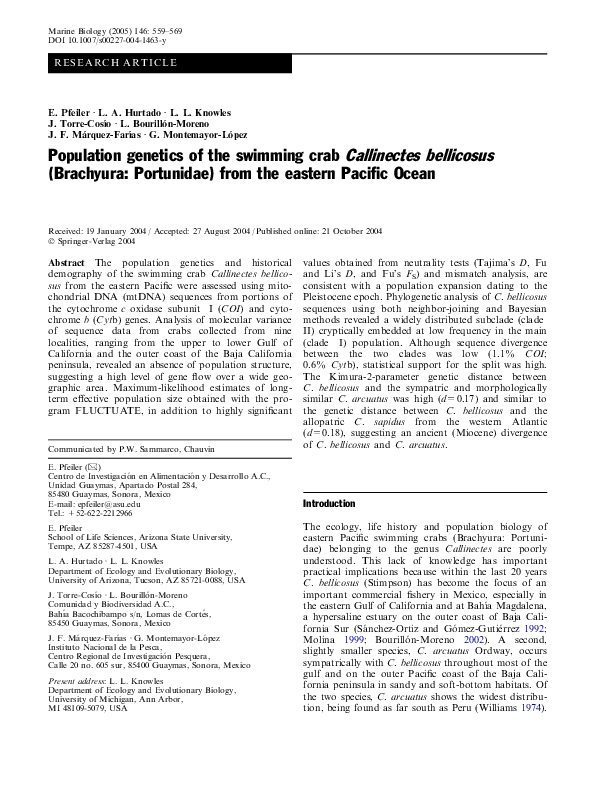 (PDF) Population genetics of the swimming crab Callinectes bellicosus ...