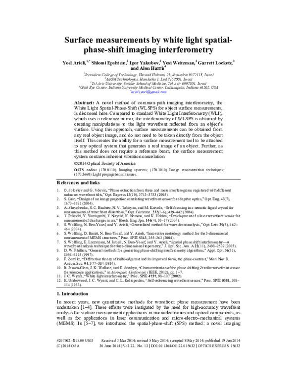 (PDF) Surface measurements by white light spatial-phase-shift imaging interferometry