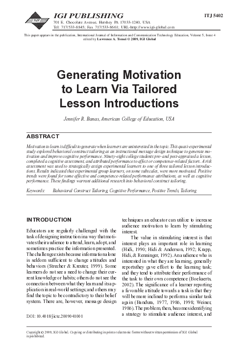 (PDF) Generating Motivation to Learn Via Tailored Lesson Introductions