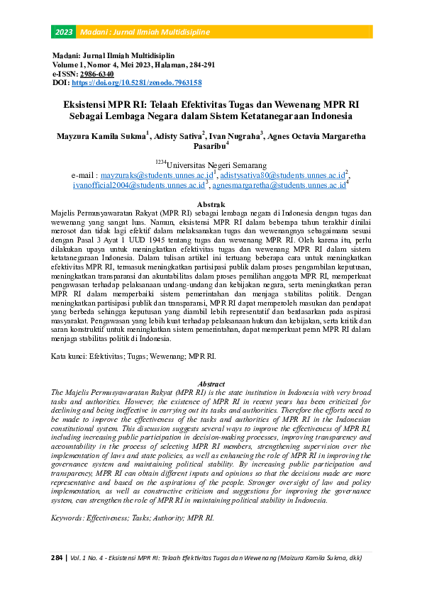 (PDF) Eksistensi MPR RI: Telaah Efektivitas Tugas dan Wewenang MPR RI Sebagai Lembaga Negara ...