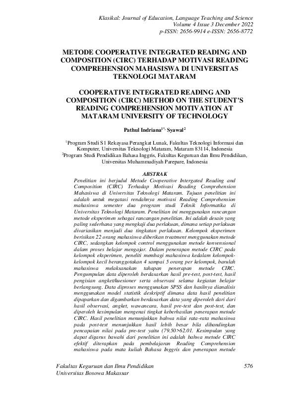 (PDF) Metode Cooperative Integrated Reading and Composition (Circ) Terhadap Motivasi Reading ...