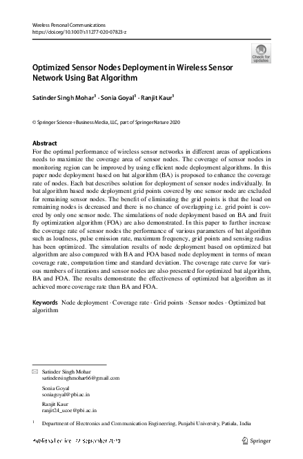 Pdf Optimized Sensor Nodes Deployment In Wireless Sensor Network Using Bat Algorithm 