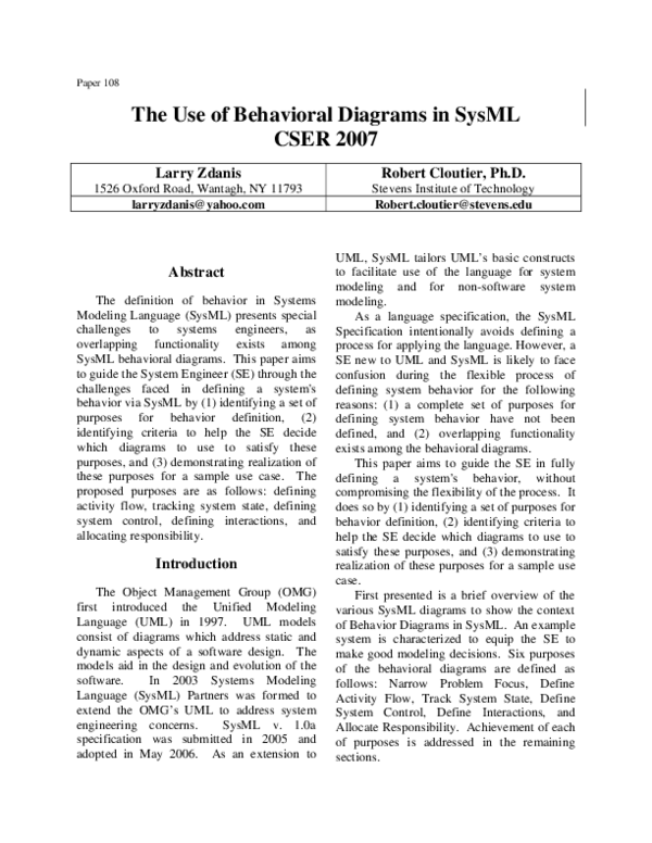 Pdf The Use Of Behavioral Diagrams In Sysml